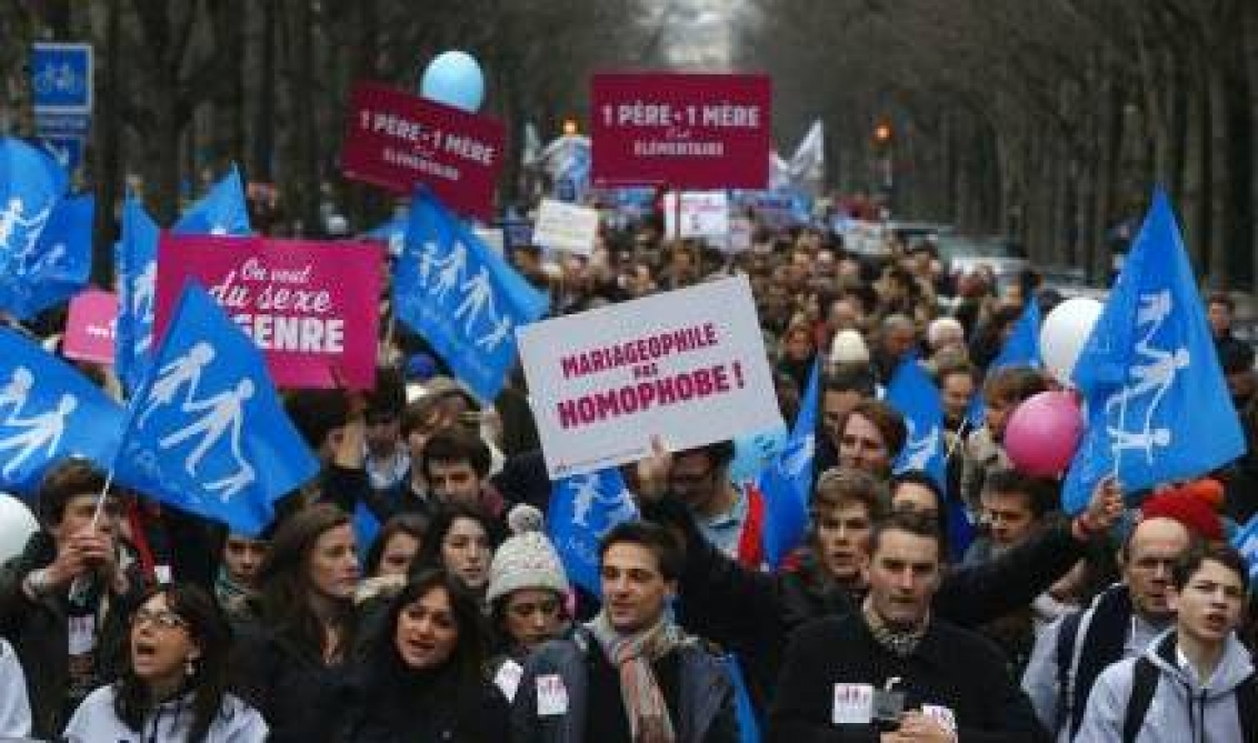 Trois étudiants français, agitant un drapeau "Manif pour tous ...