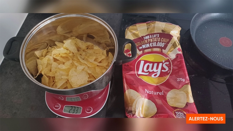 Selon Fredo, les paquets de chips de 275 grammes n'en font que 233 ...